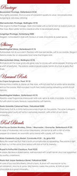 Menu at California Dreaming restaurant, Durban, 150 Marine Parade