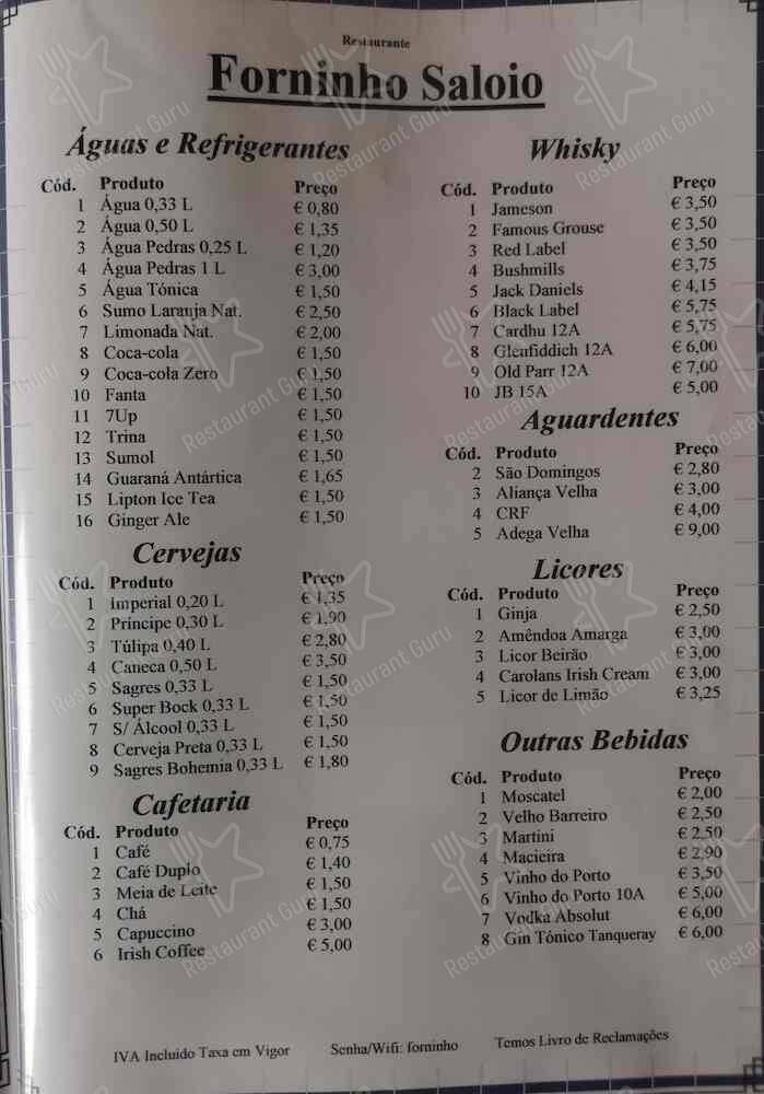 Menu at Forninho Saloio restaurant, Lisbon