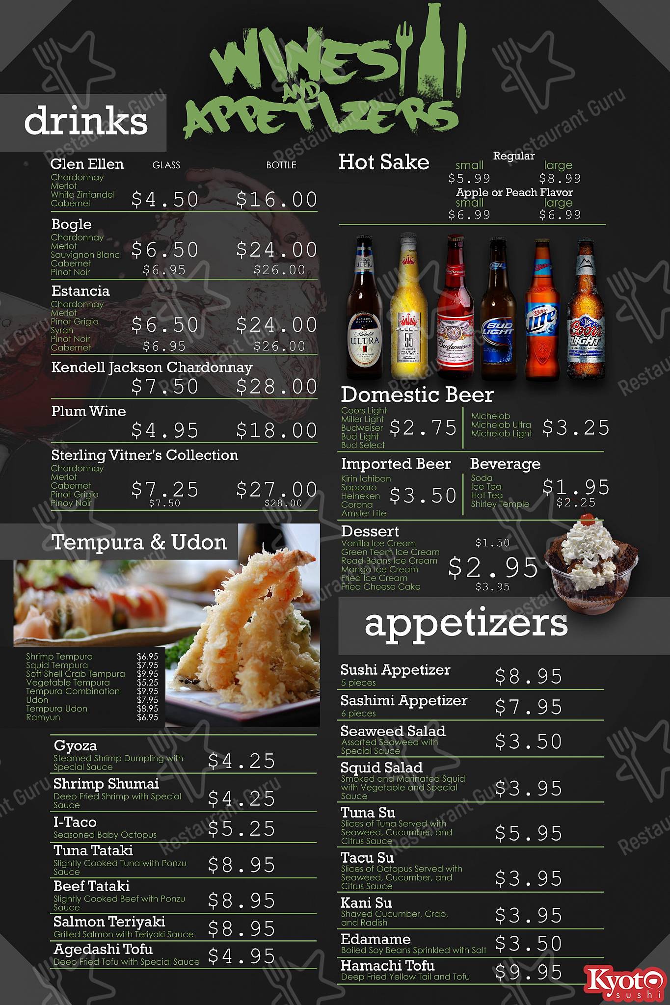 Menu at Kyoto Sushi restaurant, Dothan