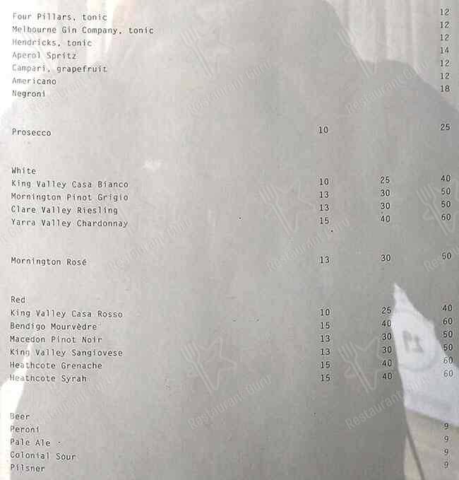 Menu at Mr Pietro restaurant, Melbourne, 50 Grattan St