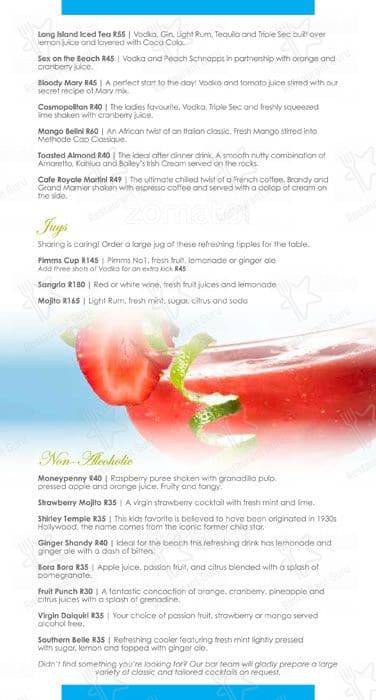 Menu at California Dreaming restaurant, Durban, 150 Marine Parade
