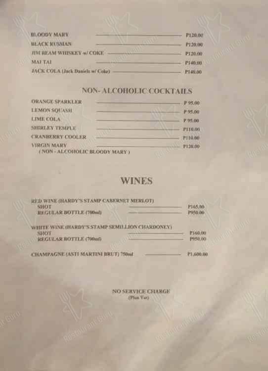 Menu at Music 11 Plaza restaurant, Makati