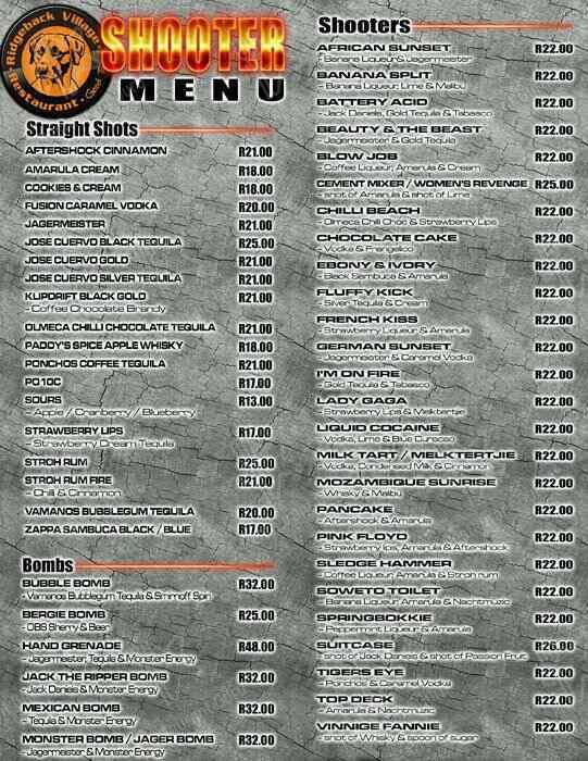 Menu at Ridgeback Village Restaurant, Pretoria, 129 South St