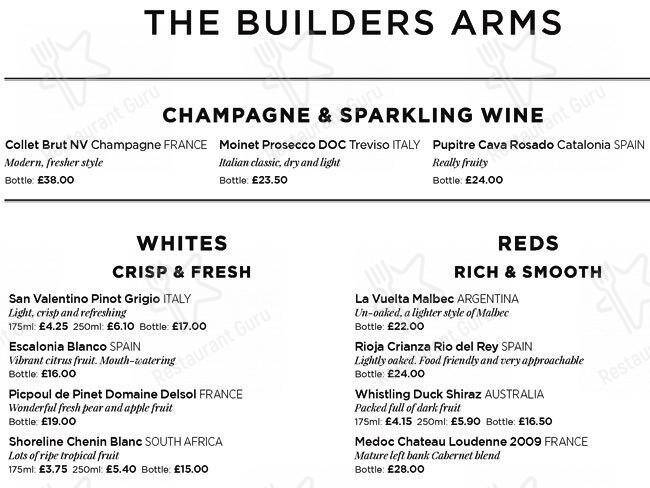 Menu at The Builders Arms, Croydon pub & bar, Croydon, 65 Leslie Park Rd