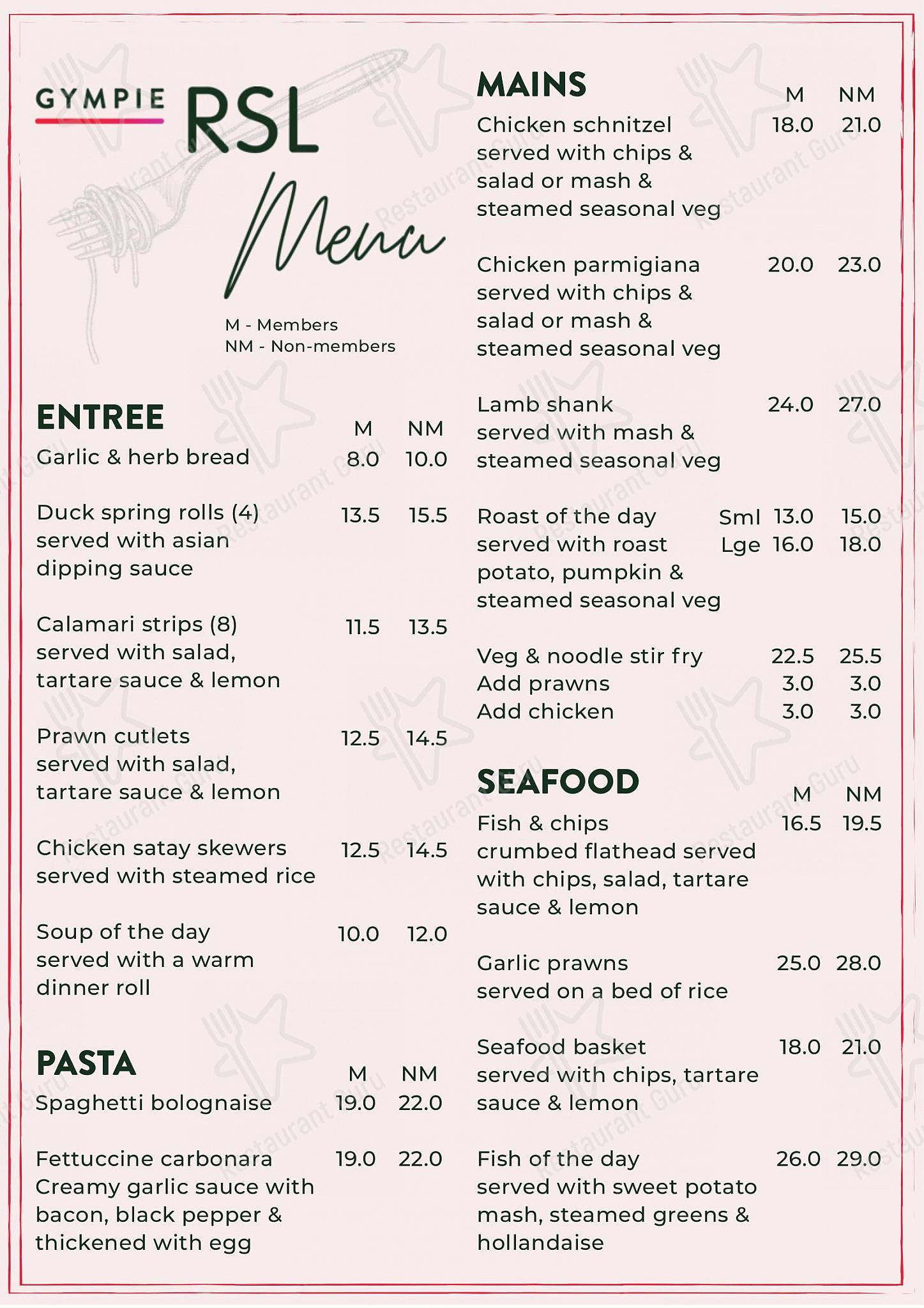 Menu at Gympie RSL Club, Gympie