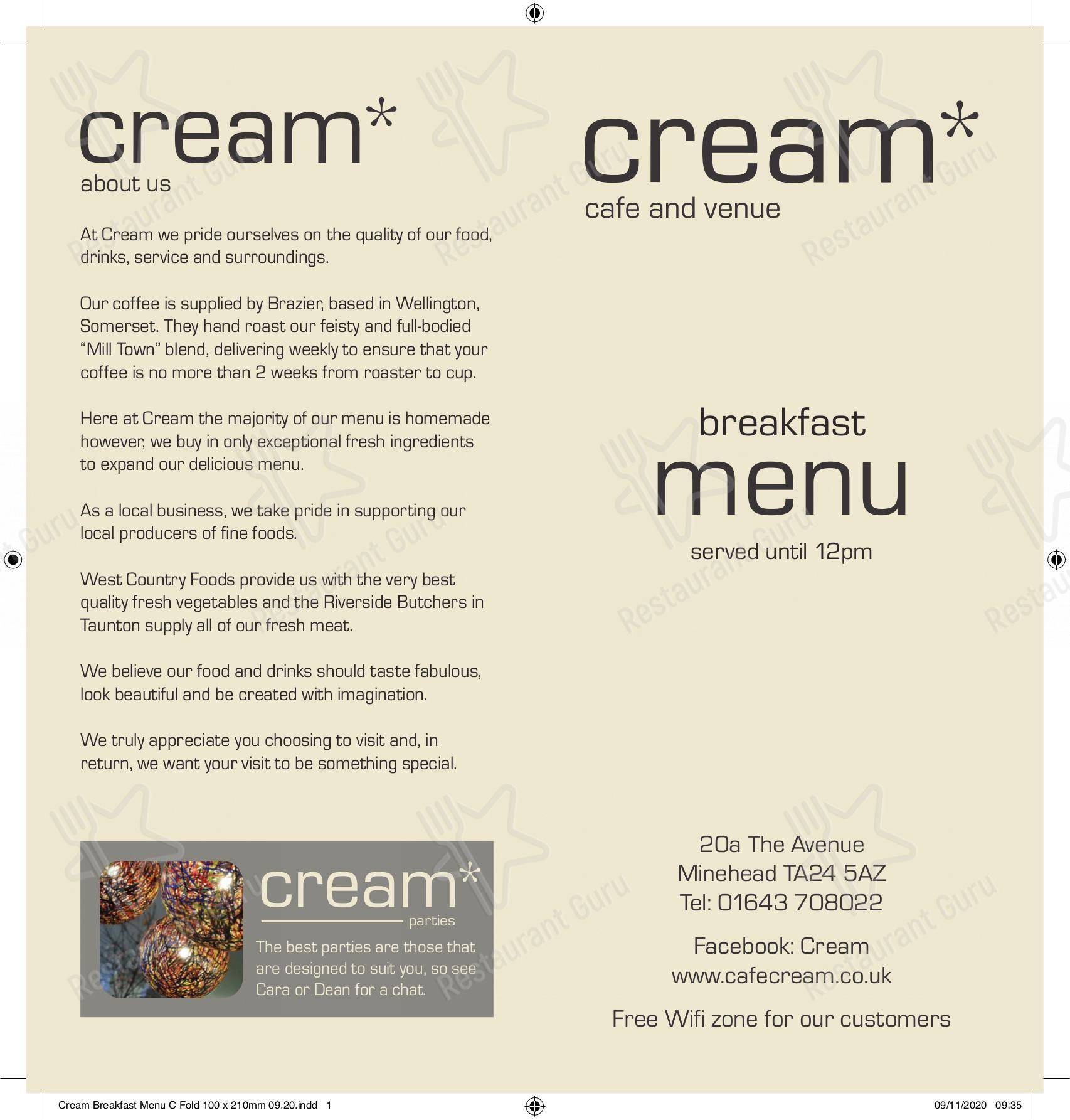 Menu at Cafe Cream, Minehead