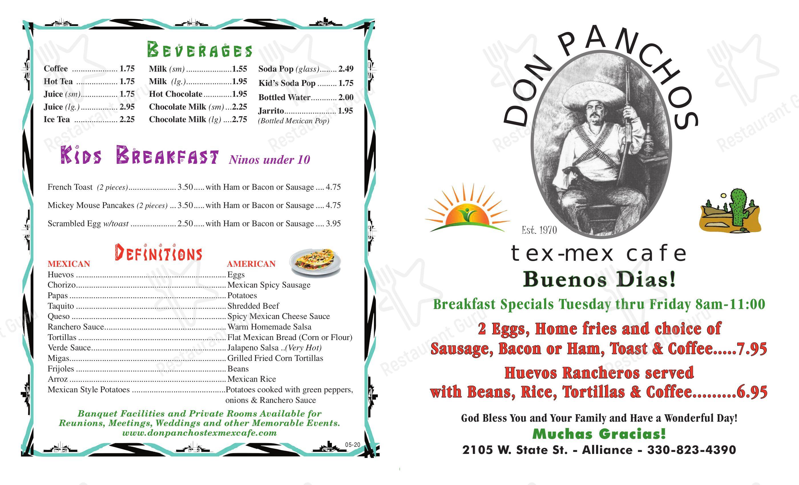 Menu at Don Pancho's Tex-Mex Cafe, Alliance