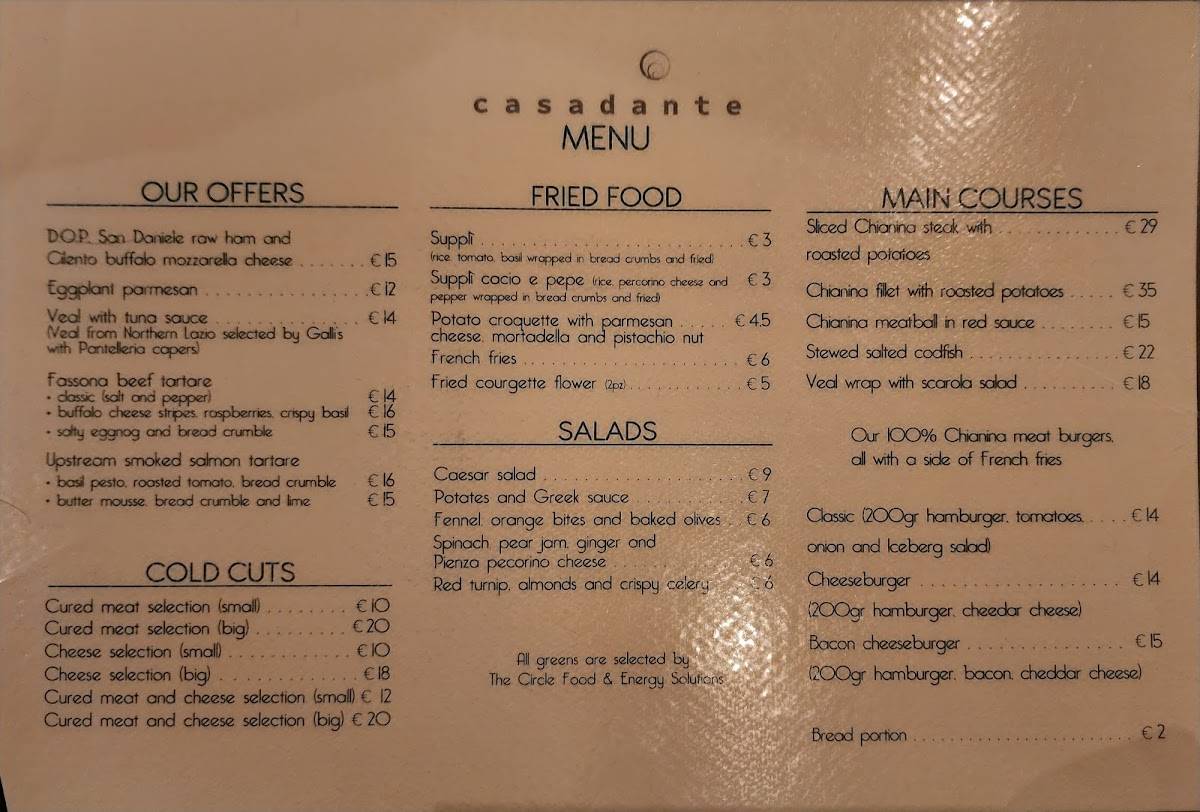 Menu at casadante restaurant, Rome