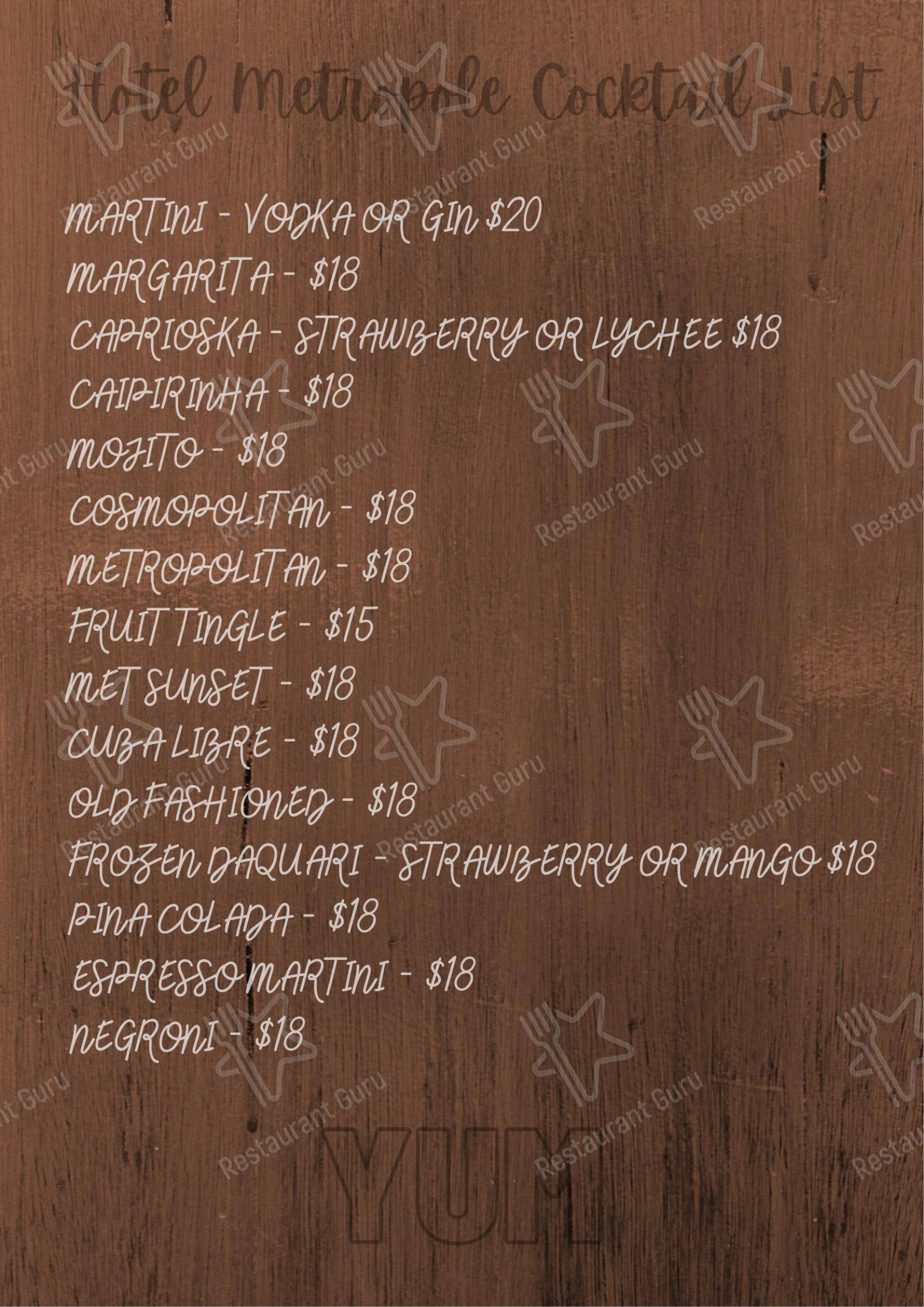 Menu at Hotel Metropole restaurant, Ipswich, 253 Brisbane St