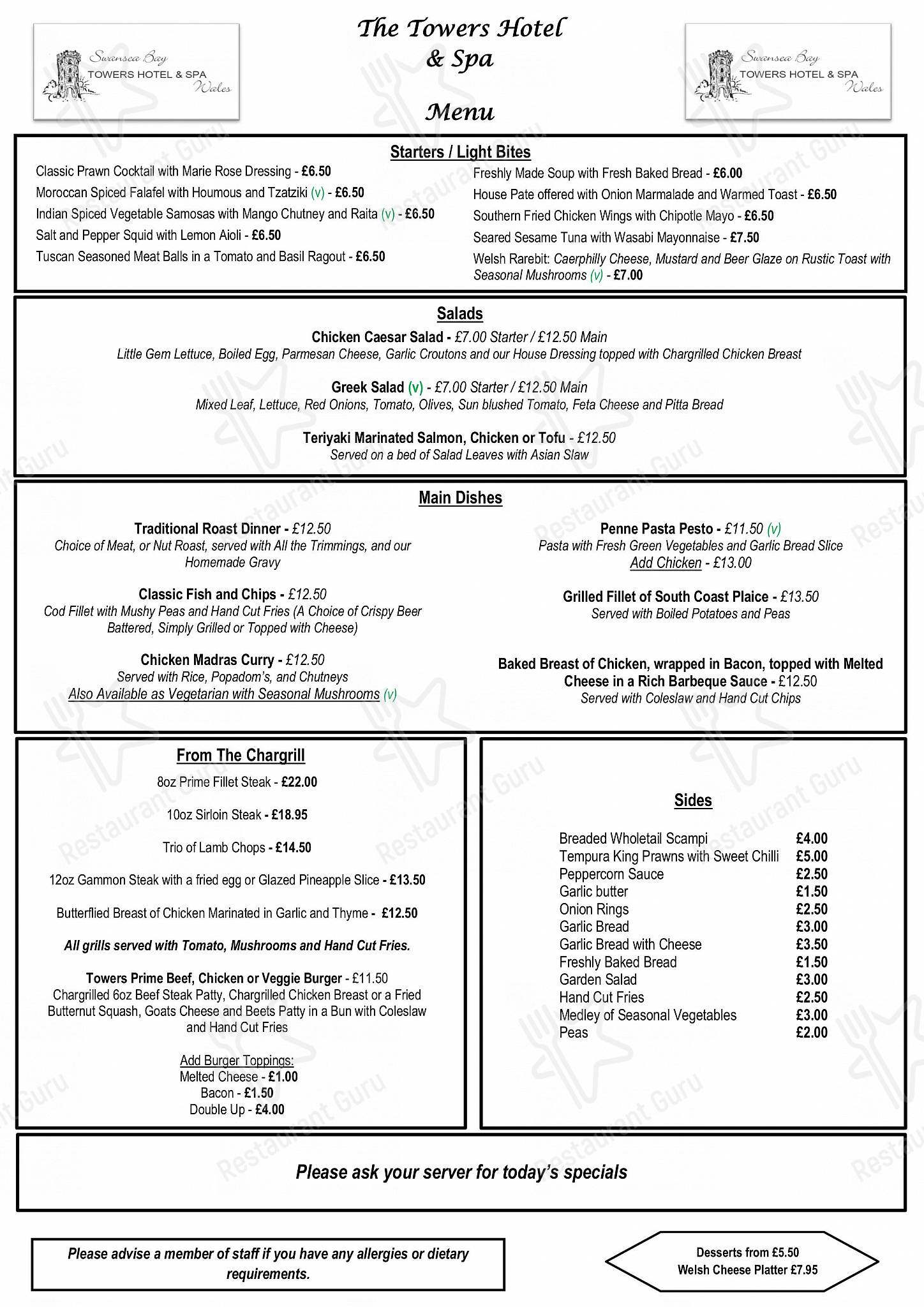 Menu at The Towers Swansea Bay pub & bar, Neath
