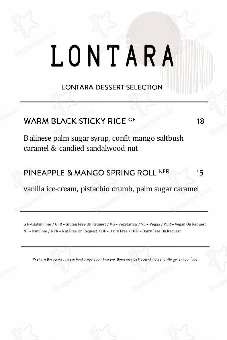 Menu at Lontara pub & bar, Rottnest Island