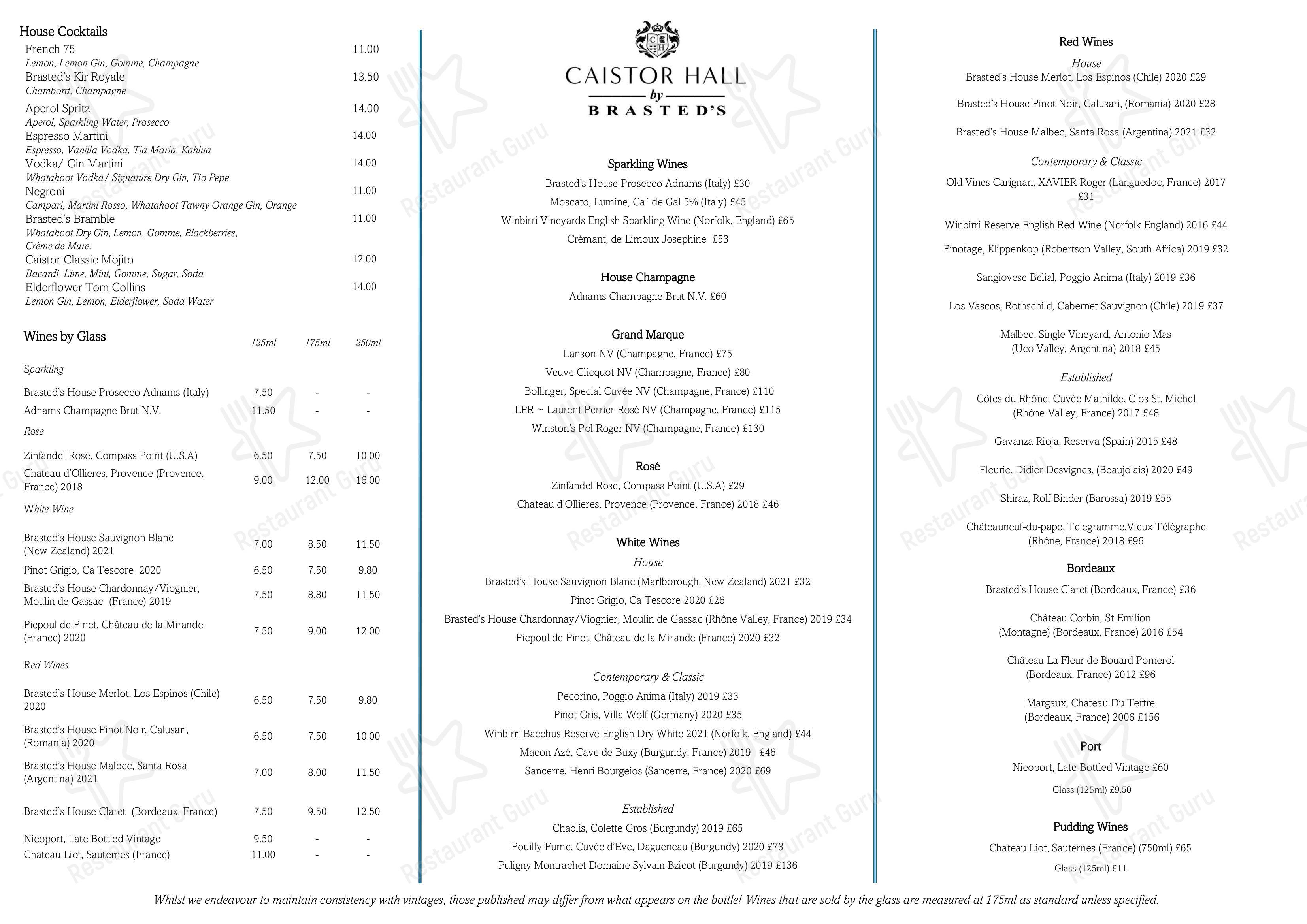 Menu at Caistor Hall restaurant, Norwich