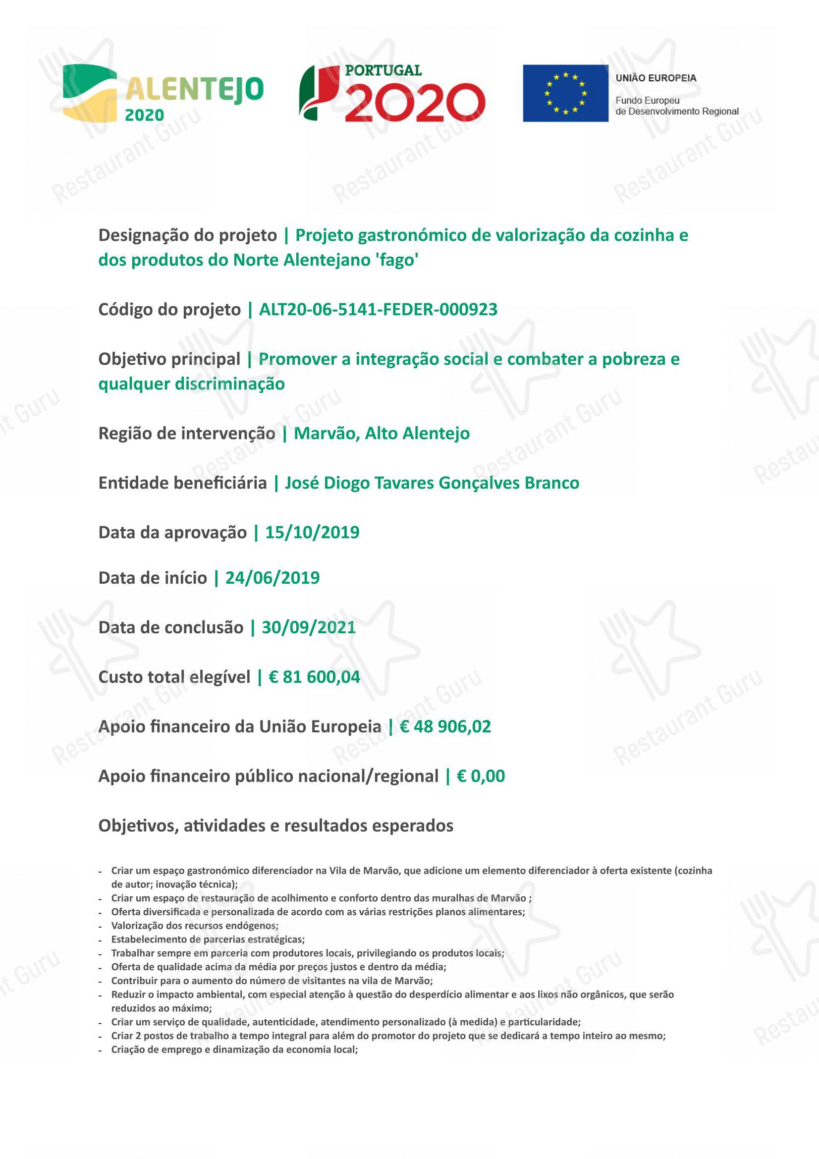 Menu em fago restaurante, Marvão