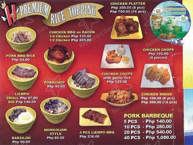 Menu at Heaven's Barbeque, Parañaque