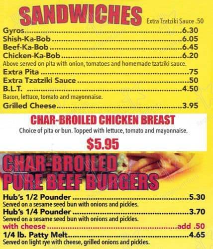 Menu at Hub's Restaurant, Skokie, Dempster St