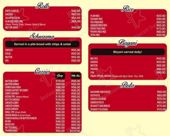 Menu at Billal Cuisine North Beach Branch restaurant, Durban