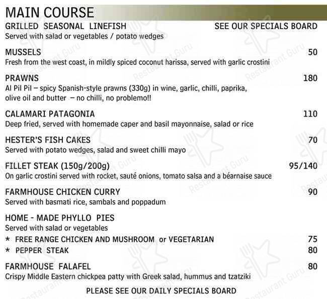 Menu at Cape Farmhouse restaurant, Cape Town