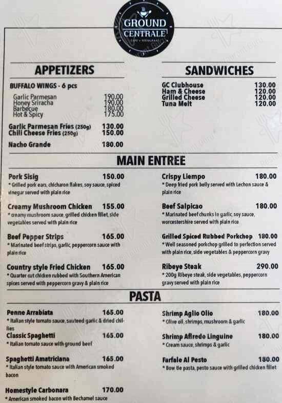 Carta de Ground Centrale Cafe & Restaurant, Mariquina