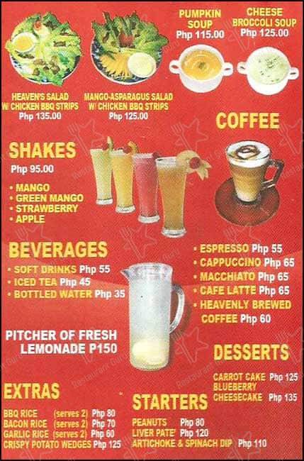 Menu at Heaven's Barbeque, Parañaque