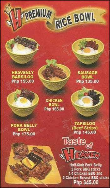 Menu at Heaven's Barbeque, Parañaque