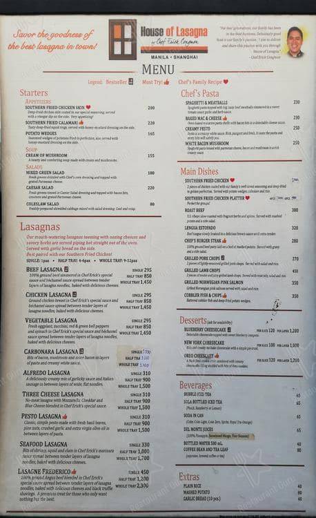 Menu at House of Lasagna restaurant, Quezon City, SM North Edsa
