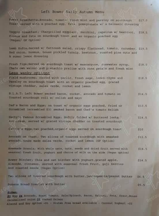 Menu at Left Bower cafe, Sutherland