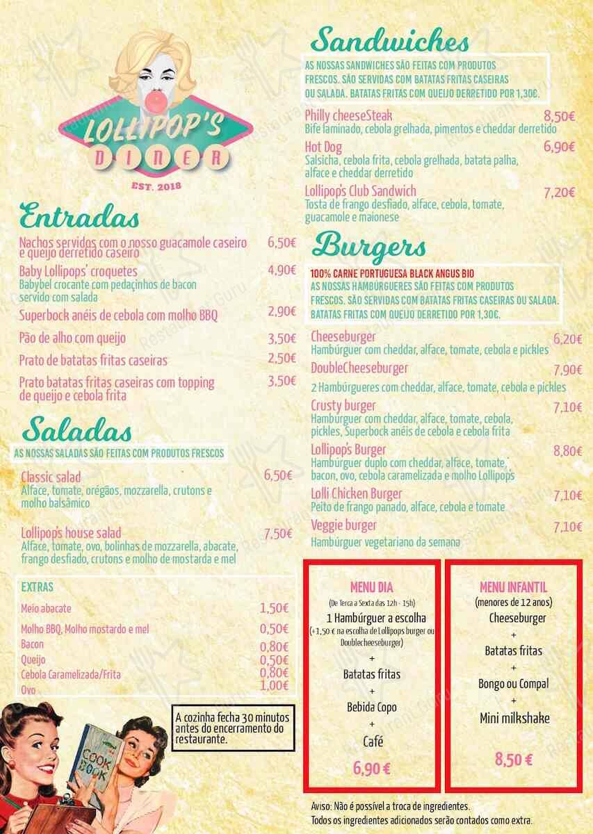 Menu em Lollipops Diner restaurante de fast food, Porto