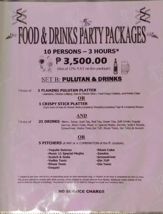 Menu at Music 11 Plaza restaurant, Makati