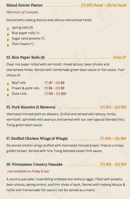 Menu at Nha Trang Restaurant, Frankston