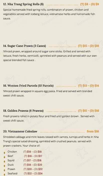 Menu at Nha Trang Restaurant, Frankston