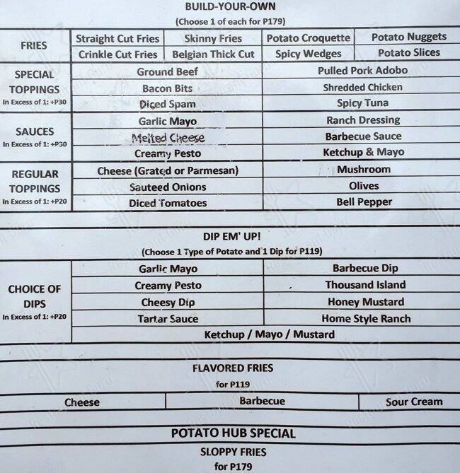 Menu at Potato Hub, Quezon City