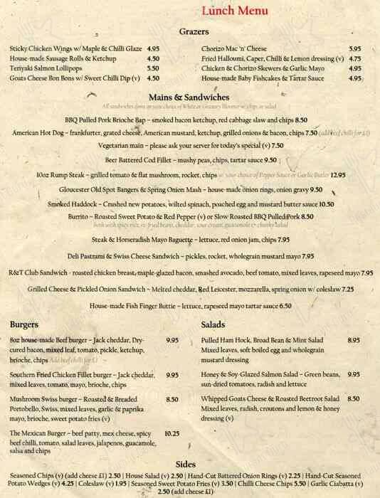 Menu at Rack and Tenter pub & bar, London