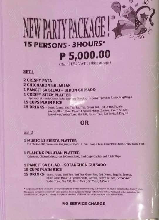 Menu at Music 11 Plaza restaurant, Makati