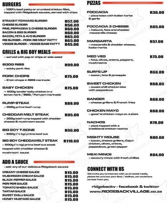 Menu at Ridgeback Village Restaurant, Pretoria, 129 South St