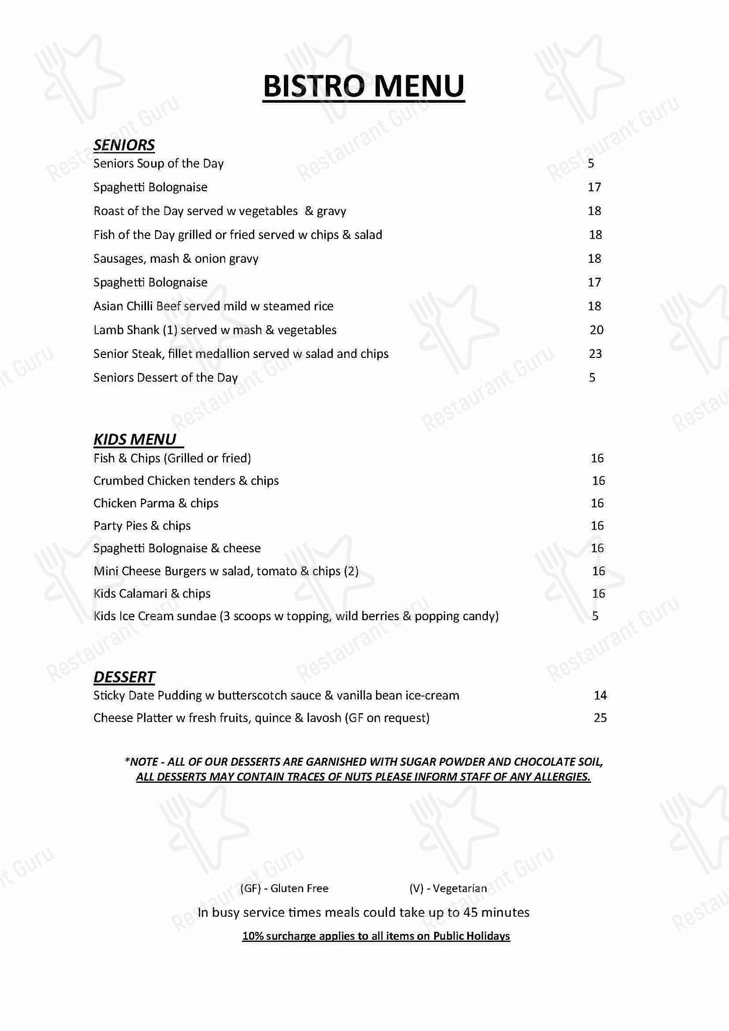 Menu at Rosstown Hotel restaurant, Carnegie