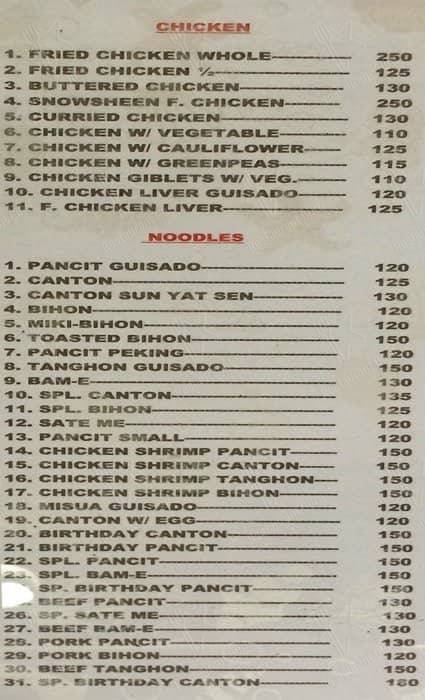 Menu at Snowsheen Restaurant, Cebu City