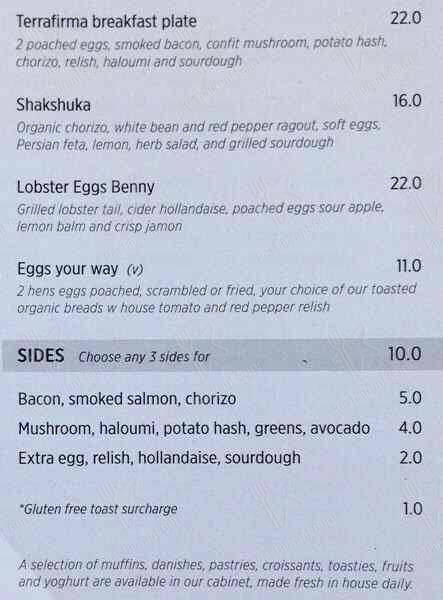 Menu at Terra Firma Bistro cafe, Brisbane City