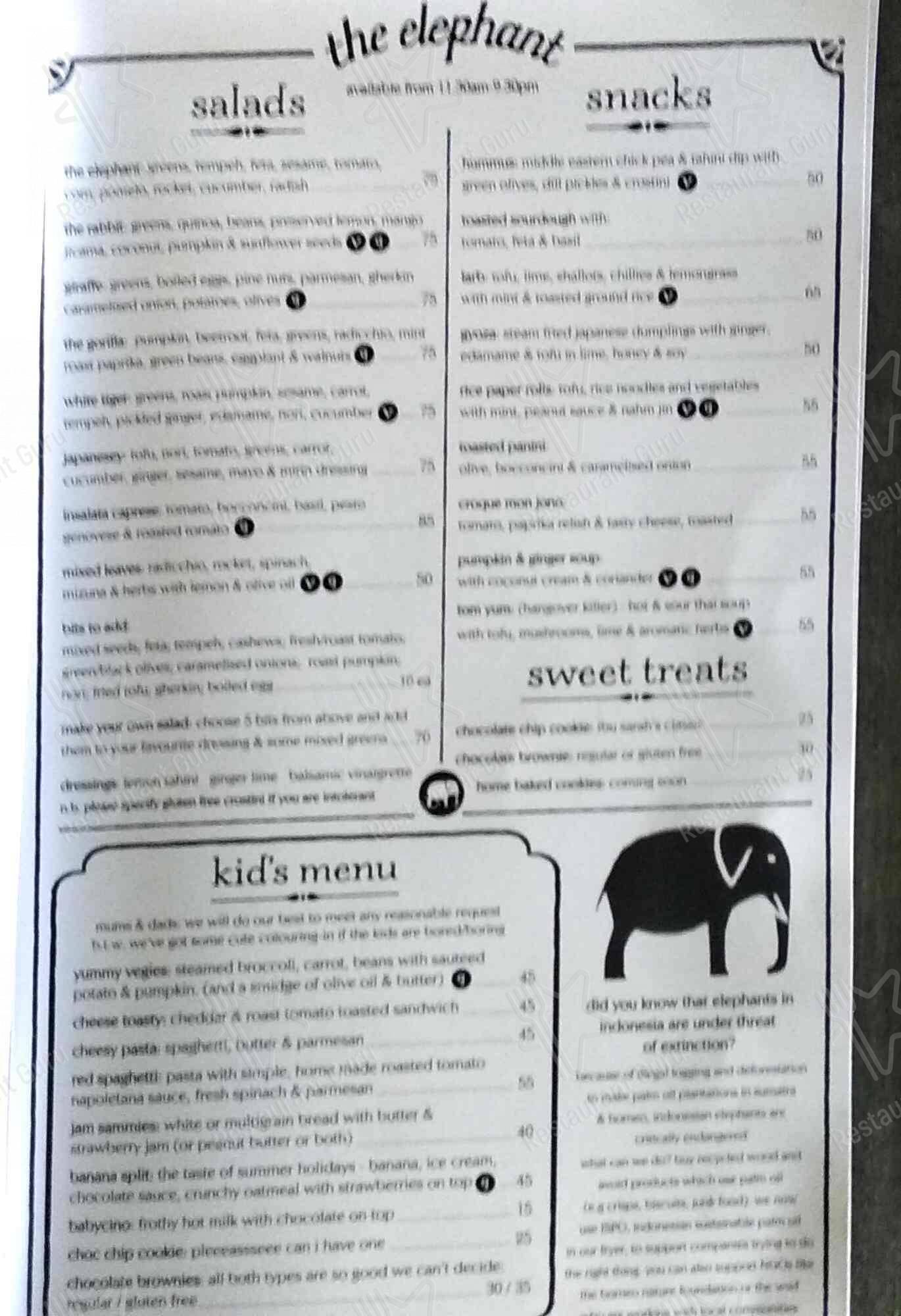 Menu at The Elephant restaurant, Ubud