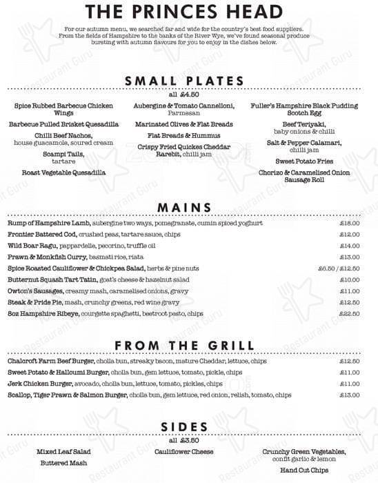 Menu at The Prince's Head, Richmond pub & bar, Richmond