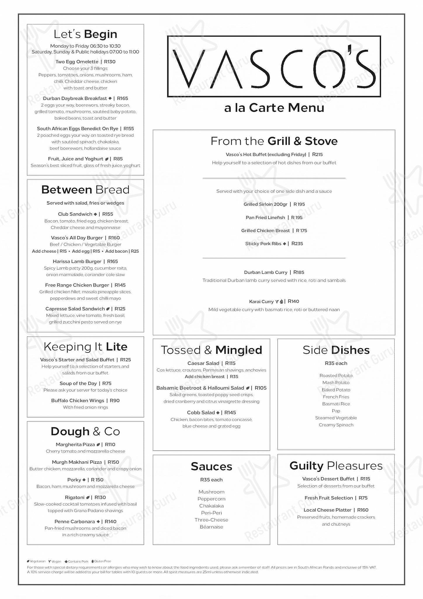 Menu at Vasco's restaurant, Durban