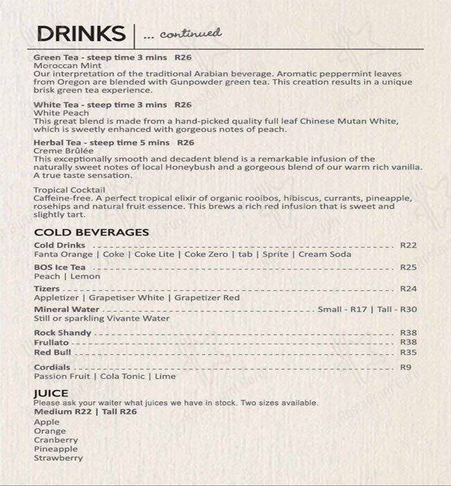 Menu at Vivante restaurant, Cape Town