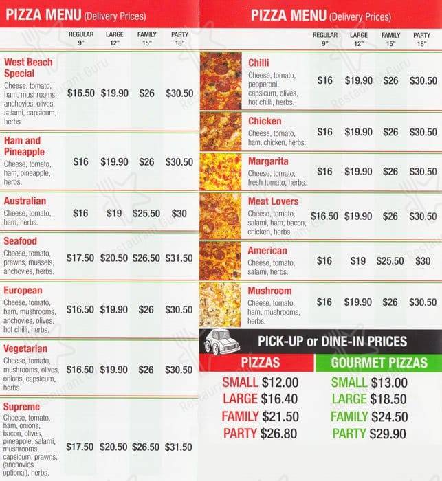 Menu at West Beach Pizza Bar, West Beach