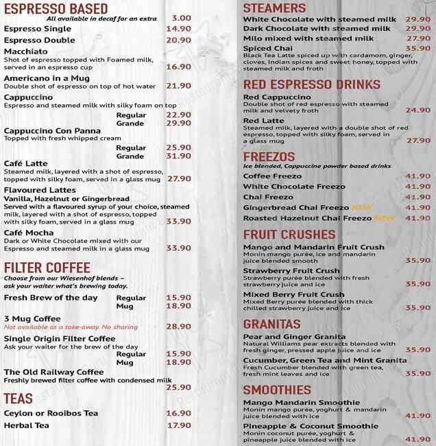 Menu at Wiesenhof Cape Gate cafe, Cape Town, Makro Shopping Centre