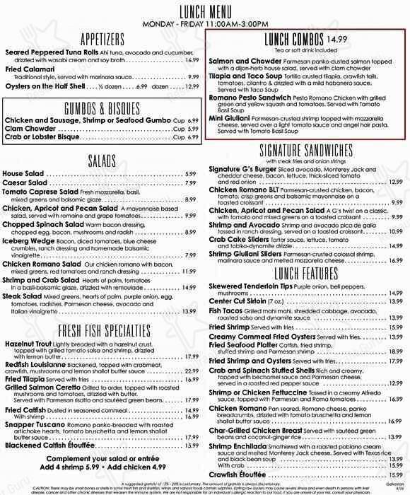 Menu at Willie G's Seafood pub & bar, Houston