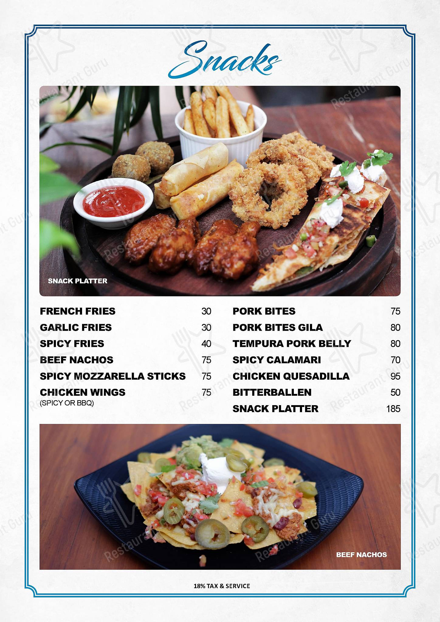 Menu at De Hooi pub & bar, South Jakarta