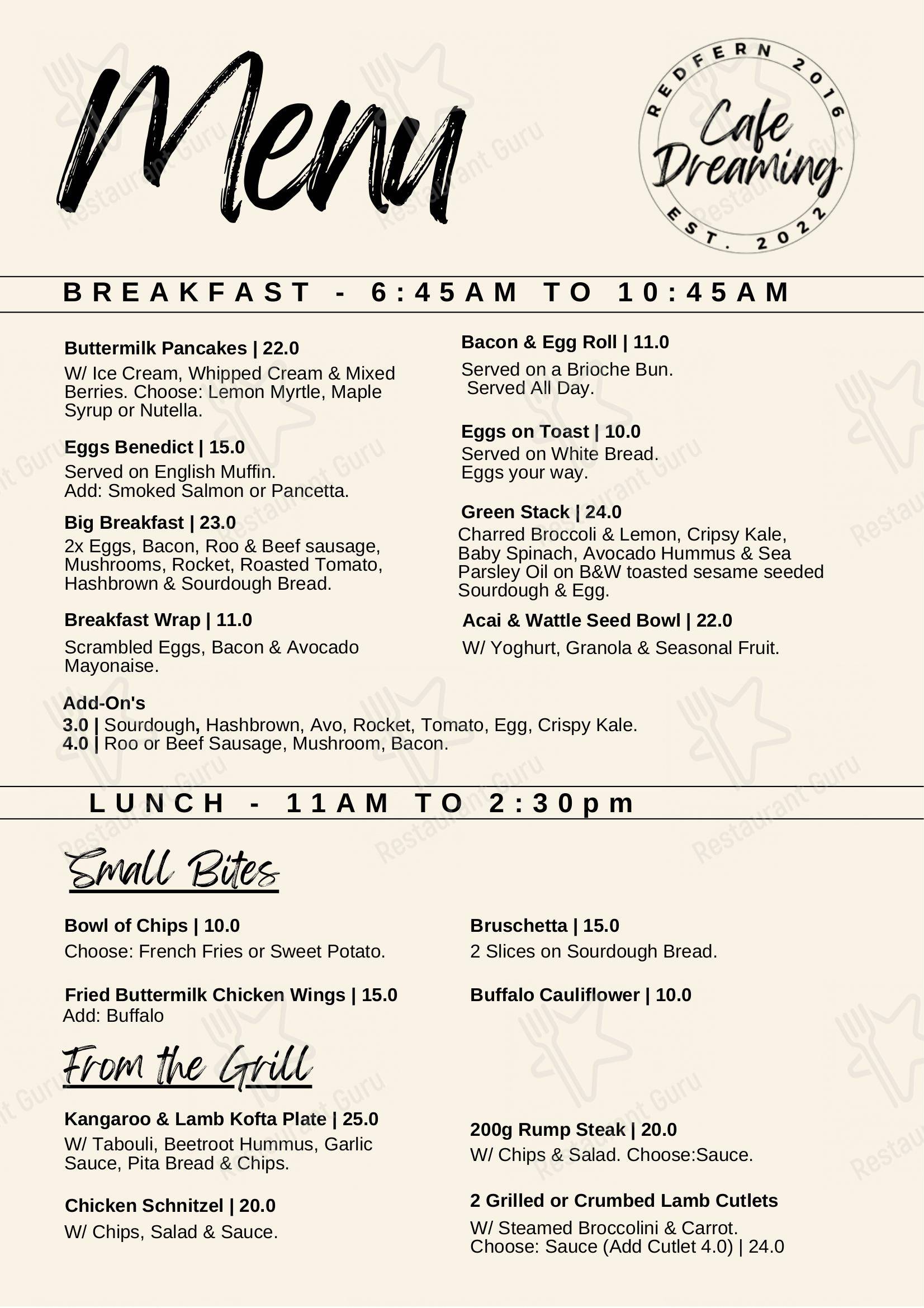 Menu at Café Dreaming Redfern cafe, Redfern