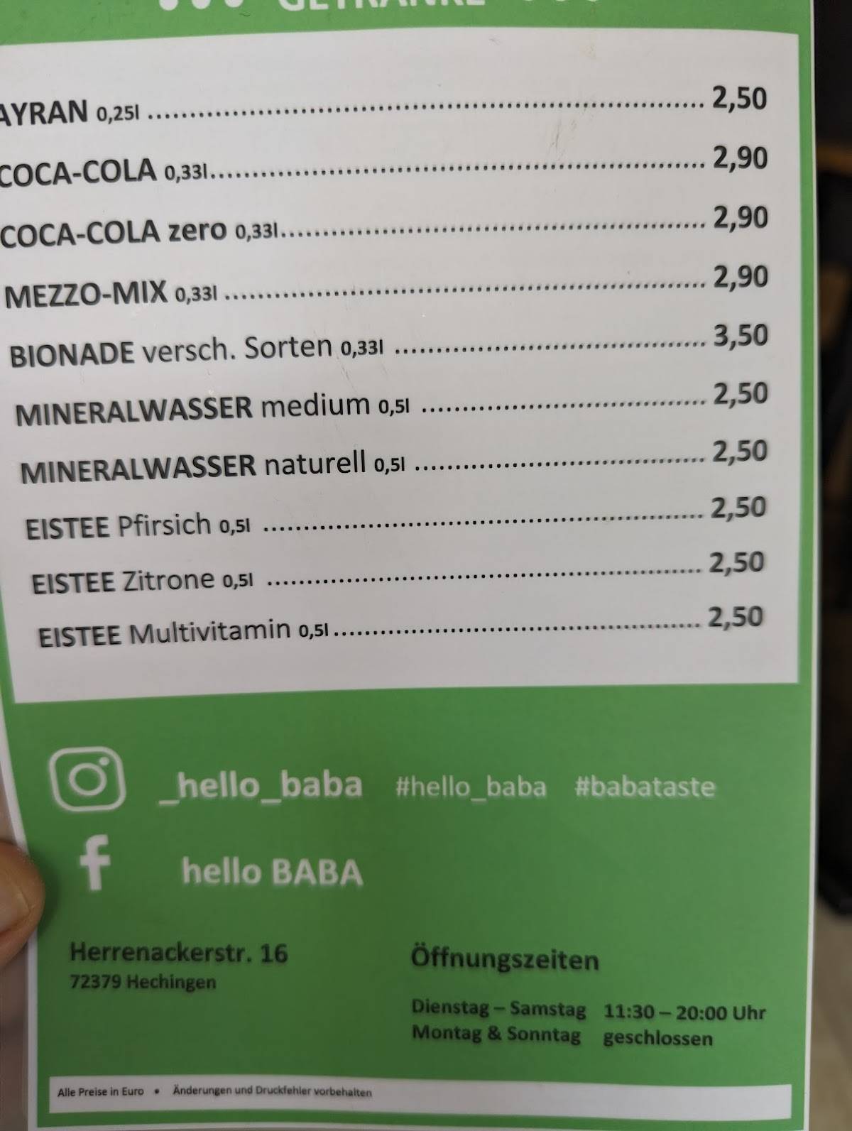 Speisekarte von hello BABA restaurant, Hechingen