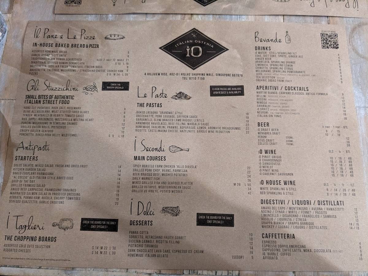 Menu at iO Italian Osteria - HillV2 (Singapore) restaurant, Singapore