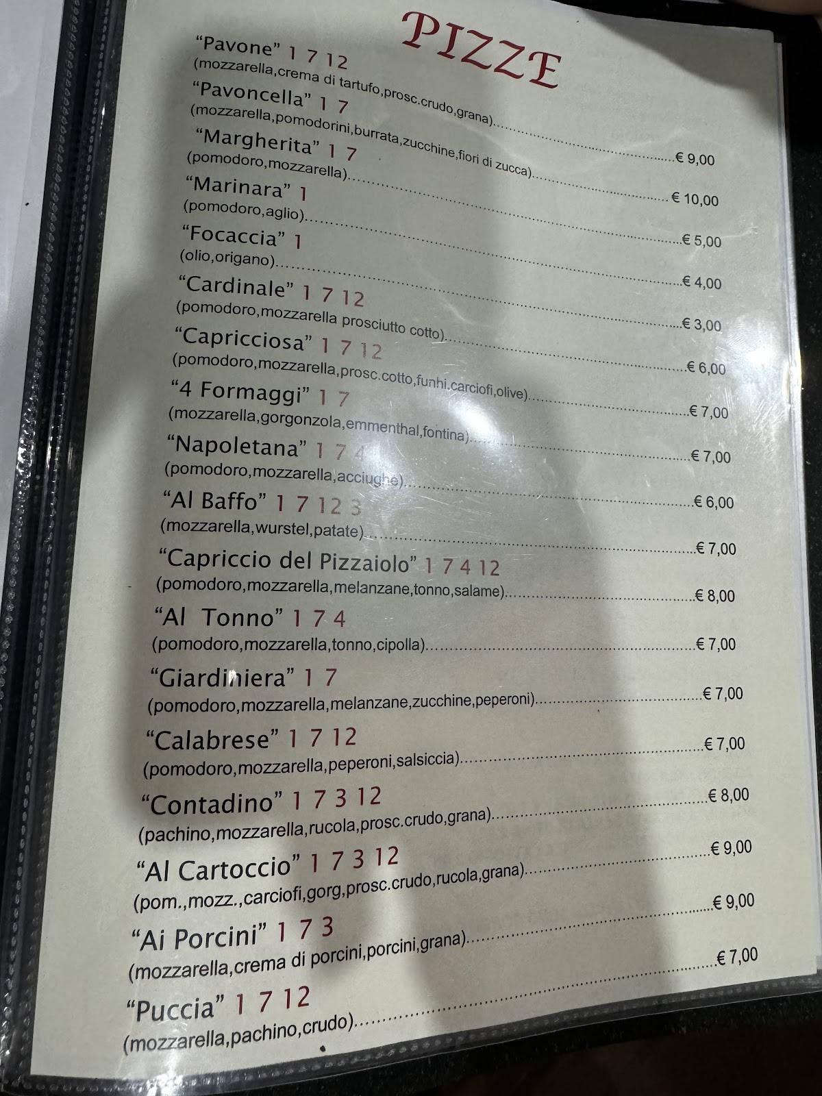 Menu da il Pavone pizzeria, Paola, Str. Nuova del Porto