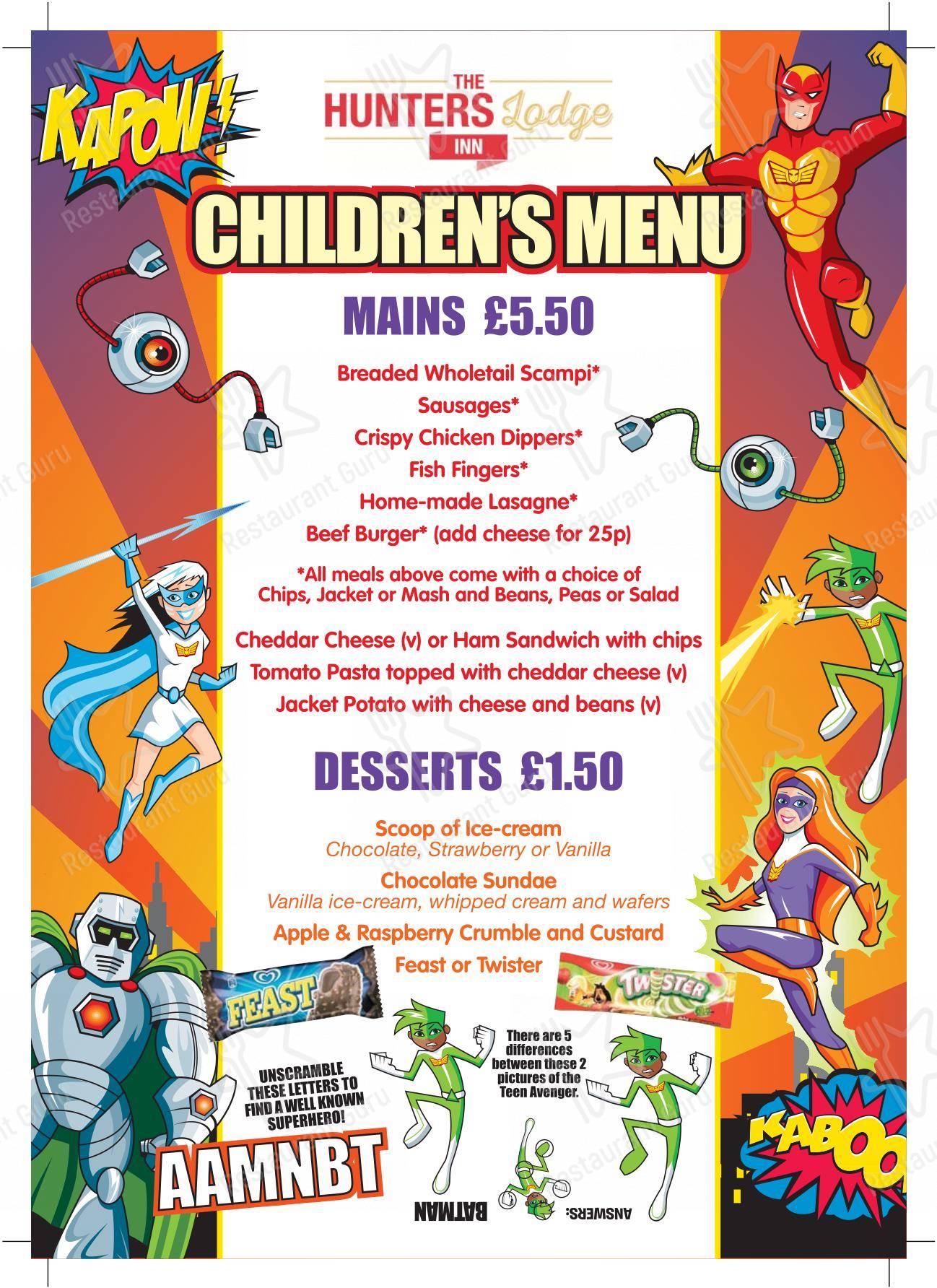 Menu at Hunters Lodge Inn pub & bar, Wincanton, Leigh Common